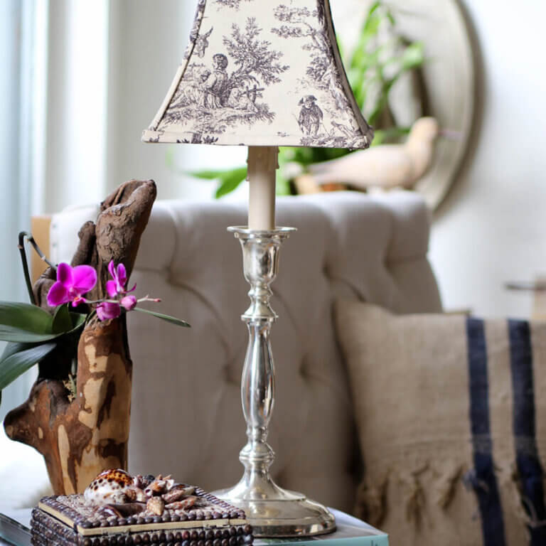 Vintage Silver Candlestick Lamp & Toile Shade - Nora Murphy Country House